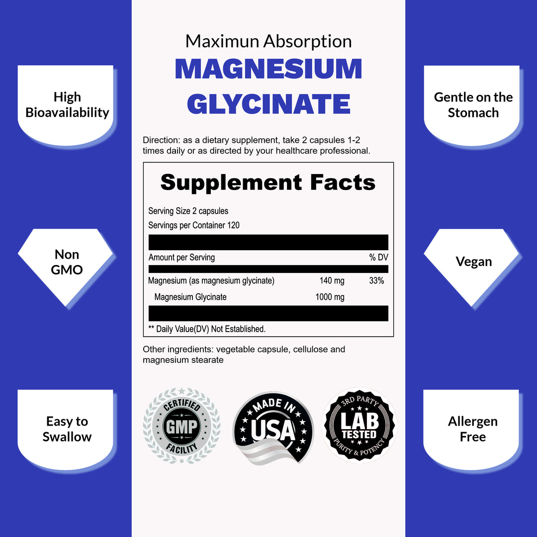 Chelated Magnesium Glycinate 500mg Capsules - Magnesium Chelate for ...